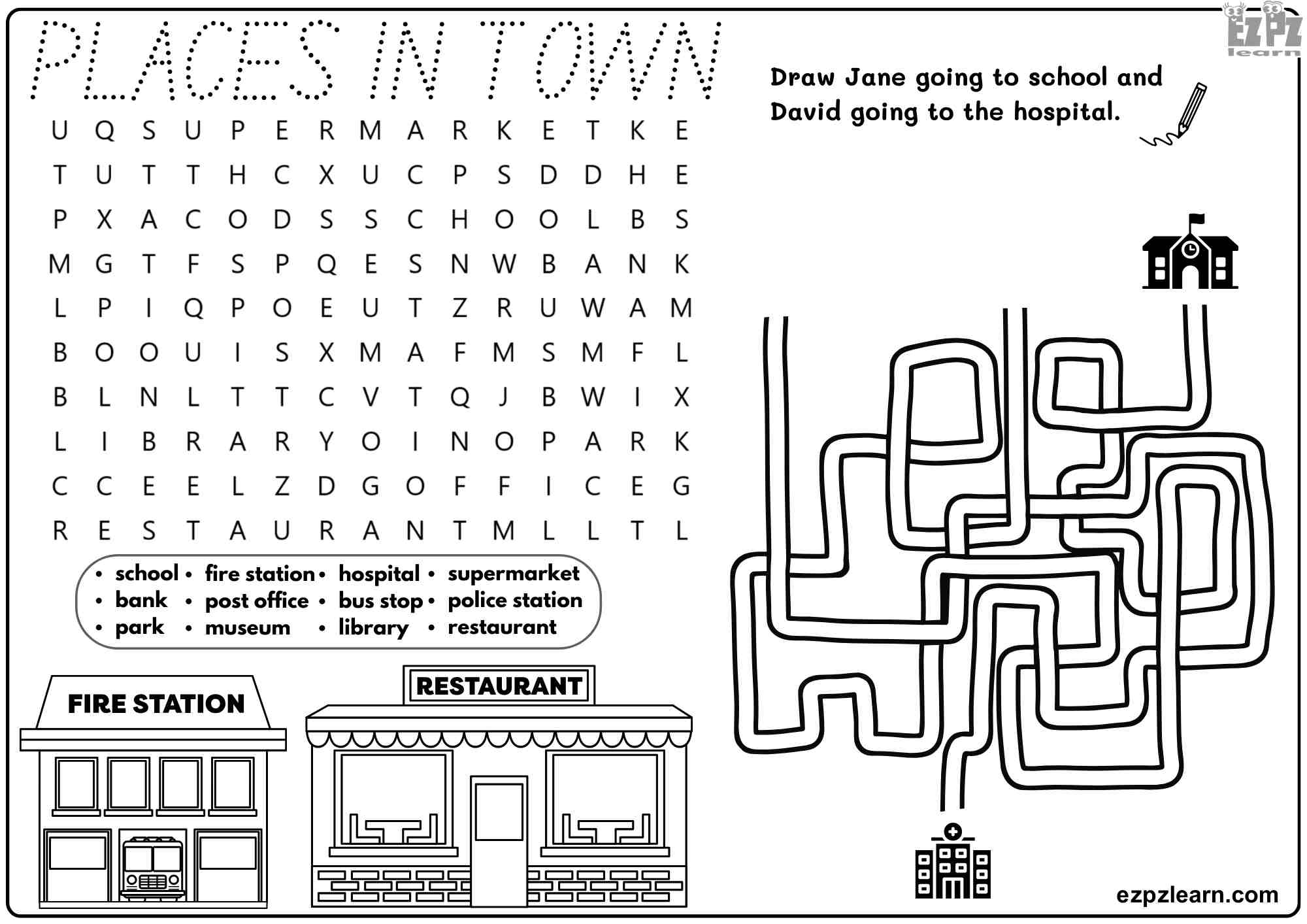 Places in Town Vocabulary For Kids. Includes: Word Search, Coloring and Maze Activities. Free ...